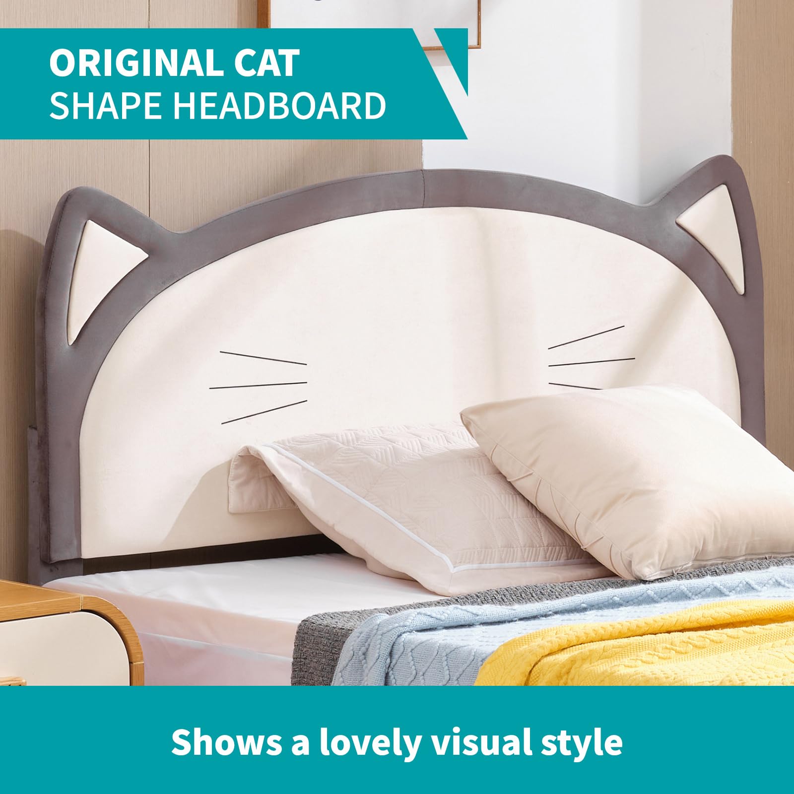 MUZZ Twin Kid Bed Frame,Velvet Bed Frame with Cat Ears Headboard, Upholstered Kids Bed Platform with Sturdy Slats Support,No Box Spring Needed,Bedroom Use(Twin/Cat)
