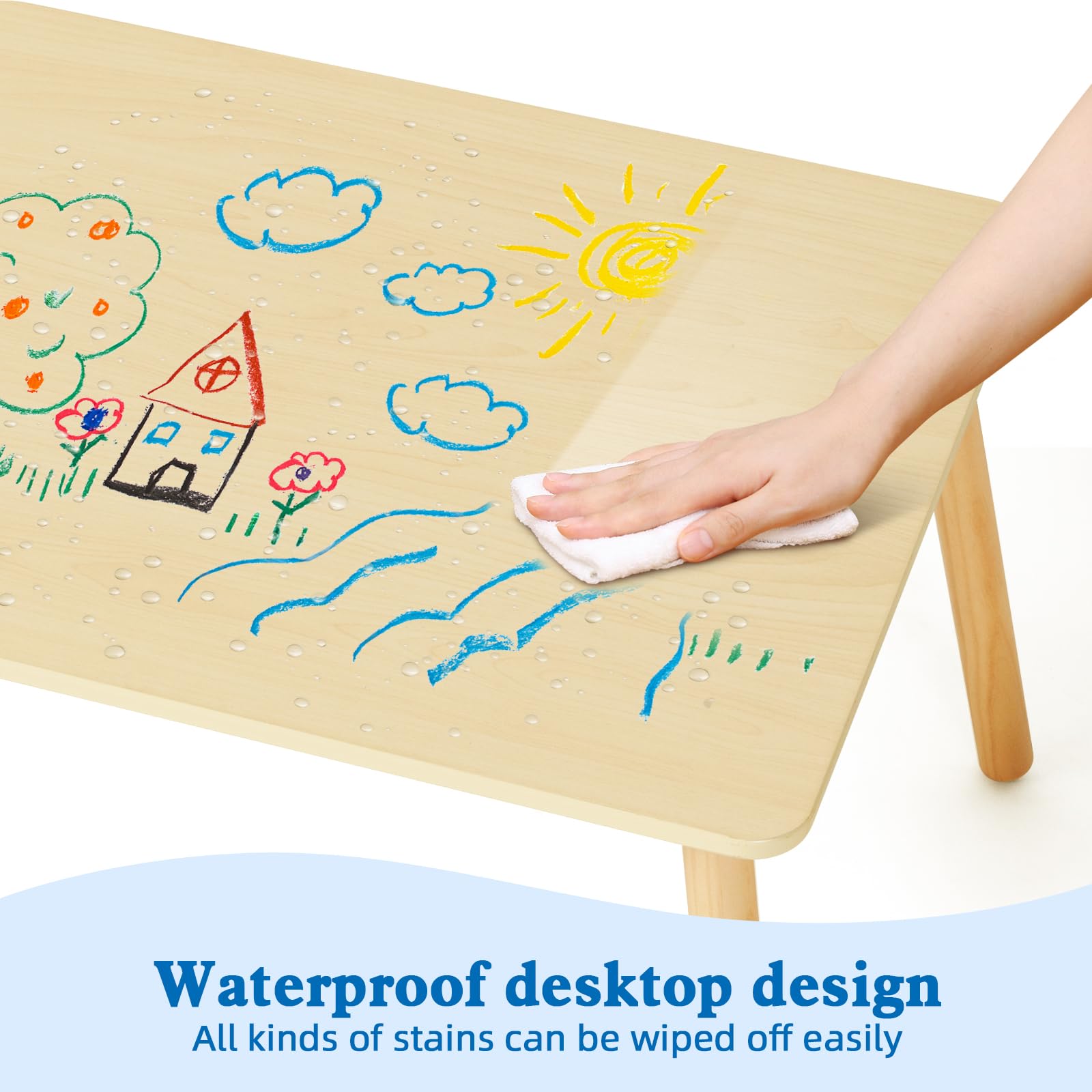 OOOK Wooden Kids Table and Chair Set, Waterproof Desktop Adorable Toddler Table Chairs Set with 2 Animal Chairs