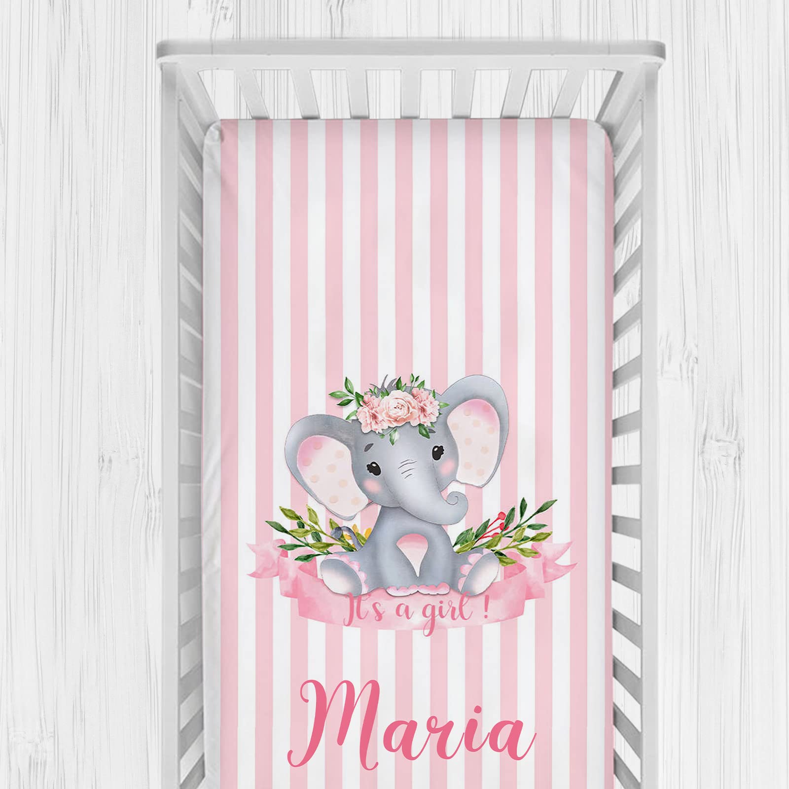 Memoryriver Personalized Elephant Pink Baby Crib Sheets with Name, Customized Fitted Bedding for Girls, Mattress Sheets, Pack and Play Mini Sheet | Name, 52x28x8 Inch