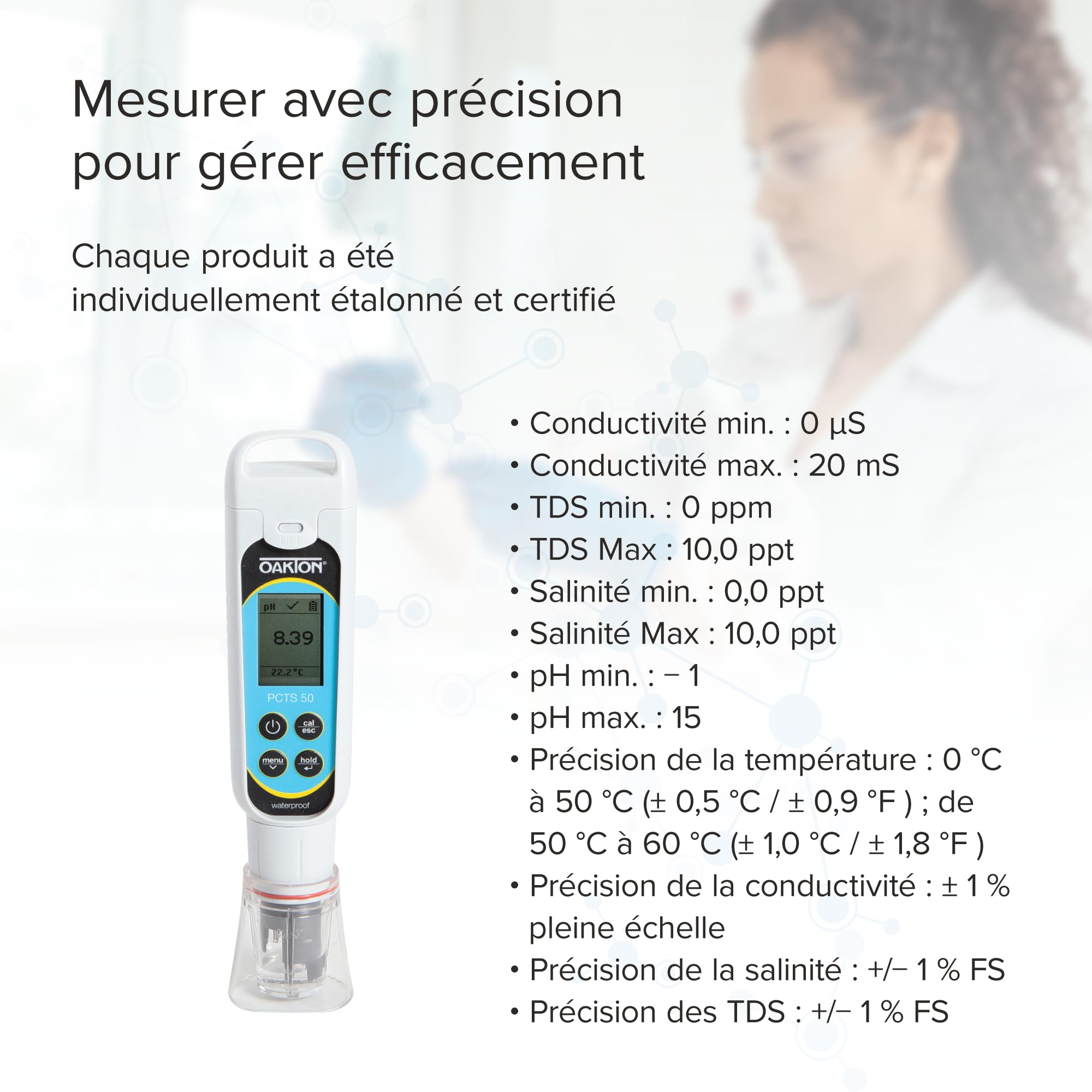 Oakton AO-35634-35 PCTSTestr 50 Waterproof Pocket pH/Cond/TDS/Salinity Tester, Premium 50 Series, Black