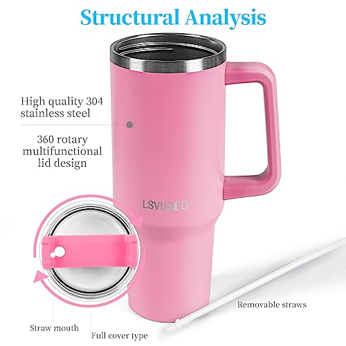 LSVUQED 40 oz Tumbler with Handle and Straw Lid, Insulated Reusable Stainless Steel Travel Mug Keeps Drinks Insulation up to 12 Hours, Leakproof Bottle for Water, Tea or Coffee and More.(Hot Pink)