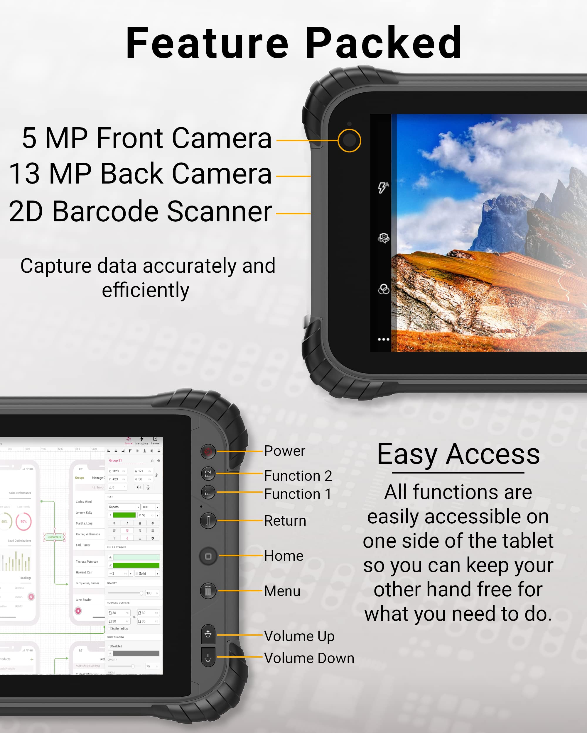 Minno Maverick 8" Rugged Android 10 Tablet | 4GB/64GB | LTE (Unlocked for Several Carriers) | 2D Scanner (A08M08- Maverick A8 Pro+2D Scanner)