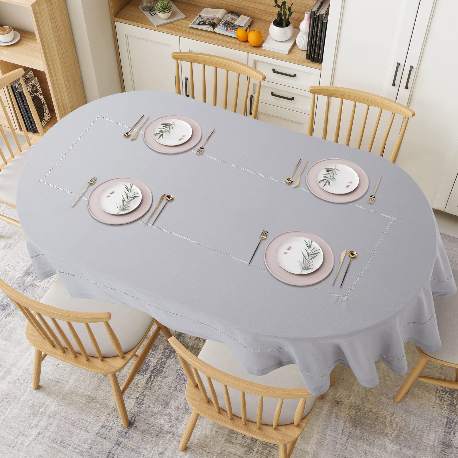HOMBYS Oval Tablecloth with Hollow for Oval Table, 60x84 Inch Farmhouse Table Covers for Kitchen Dining Party, Wrinkle Free Anti-Fading Tabletop Decoration, Light Grey