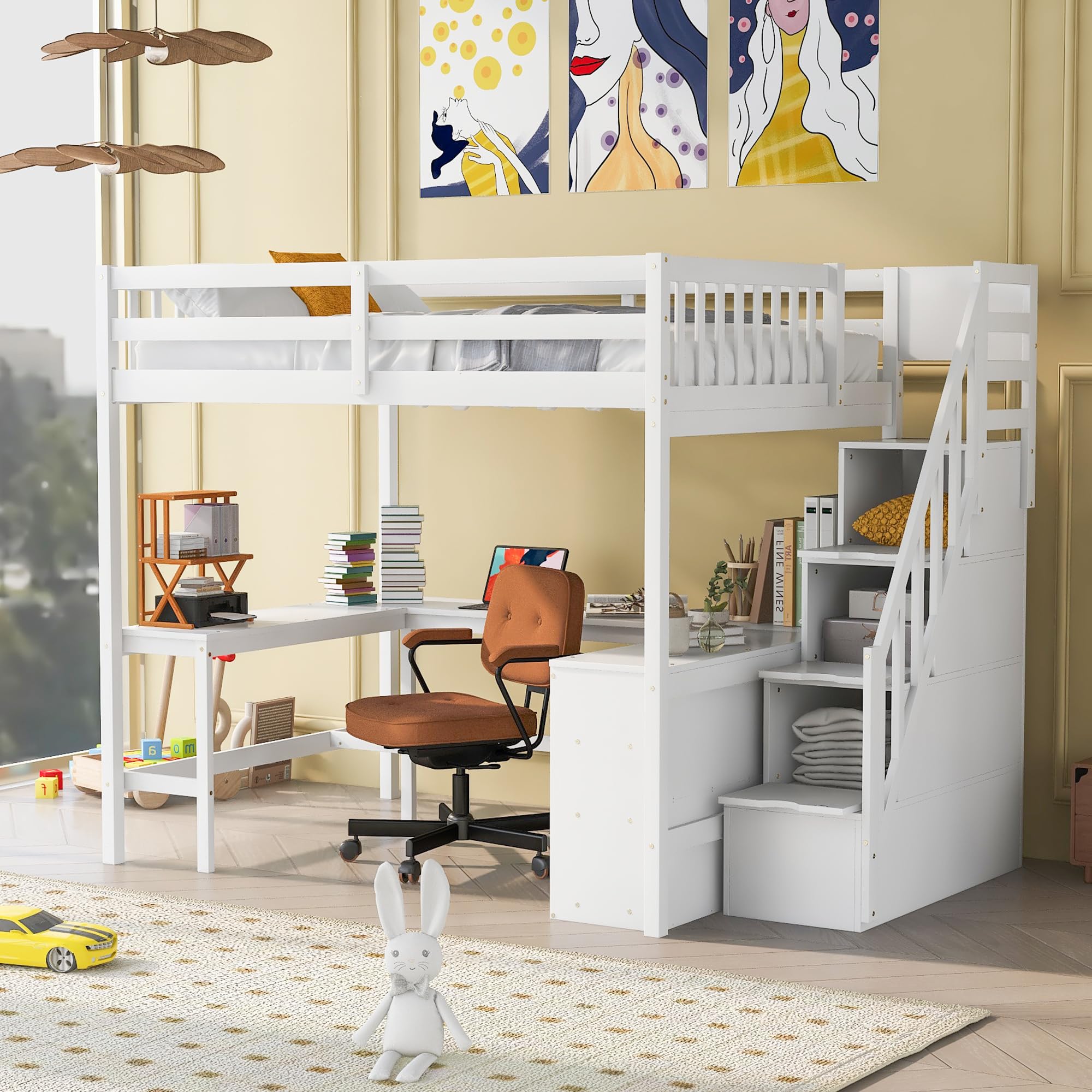 Merax Wood Full Size Loft Bed Frame with Built-in L Shaped Desk & 3 Storage Shelves & Attached Storage Stairs for Kids, No Box Spring Needed, White
