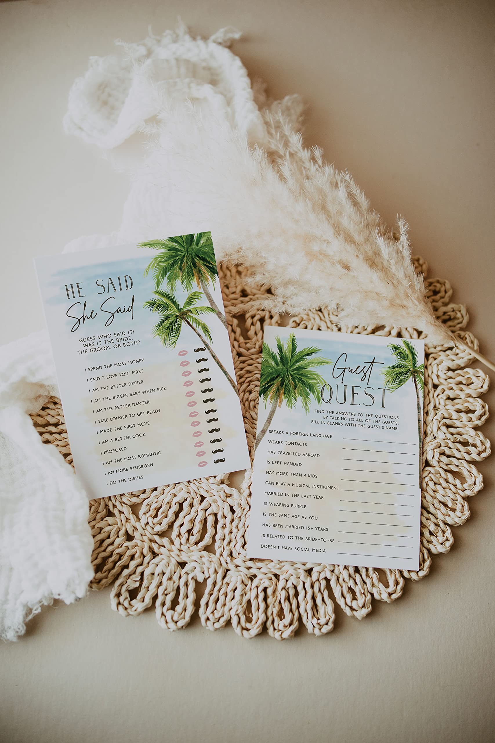 Your Main Event Prints Palm Tree Beach, Wedding Bridal Shower Games Guest Quest, He Said She Said, Would She Rather, How Well Do You Know(Set of 4 Fun Activities for 25 Guests)