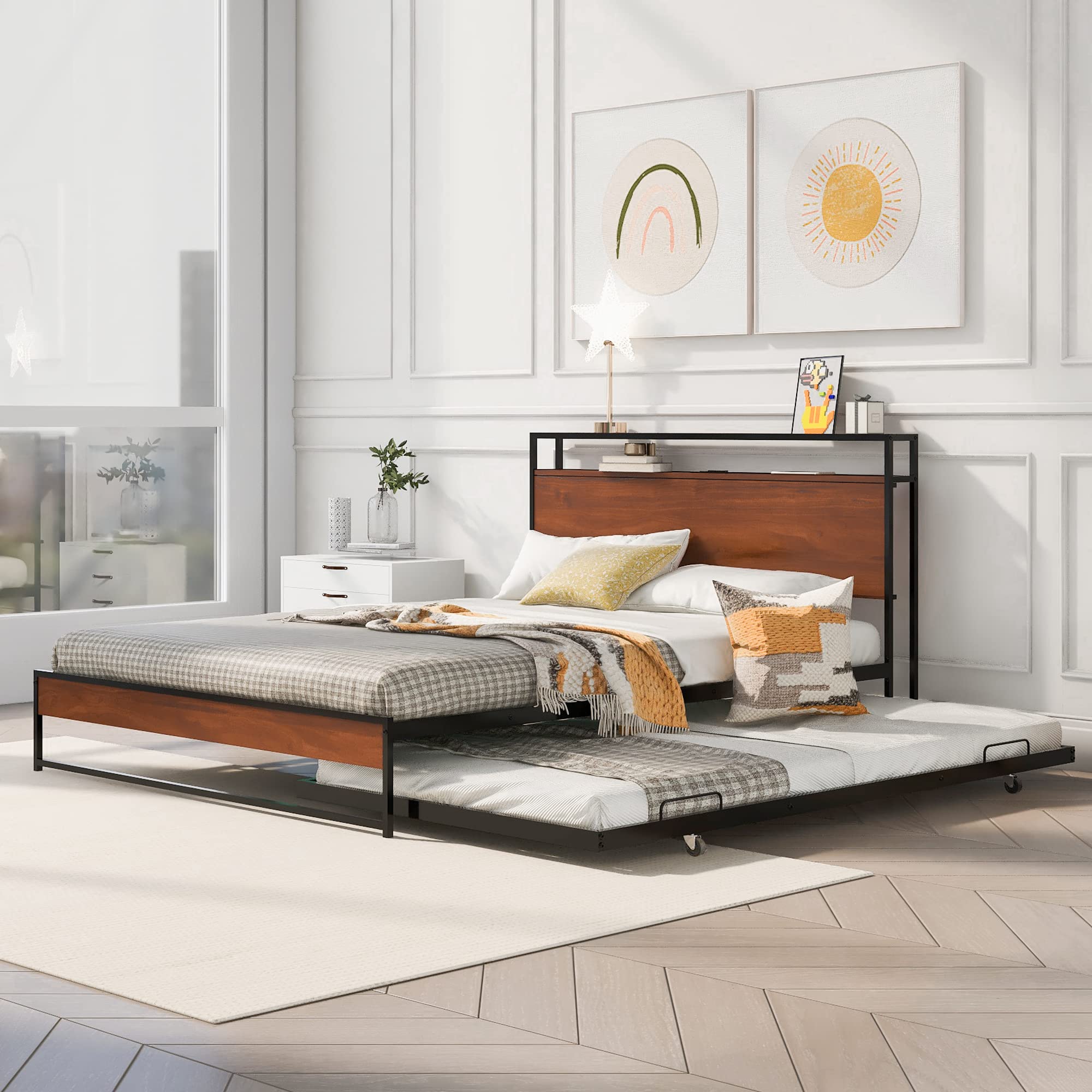 LostCat Queen Bed with Trundle, Metal Bed Frame with Twin Size Trundle, Queen Size Bed Frame with Storage Headboard USB Ports Outlets for Bedroom, Steel Slat Support, No Box Spring Needed, Black