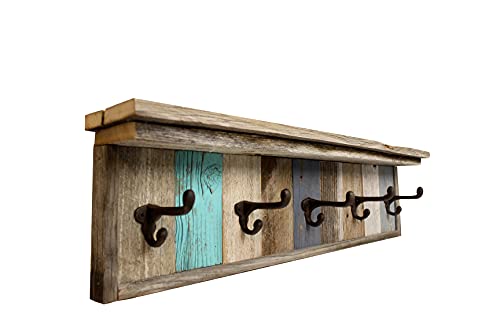 Personalized Reclaimed Barn Wood Coat Rack with 4 inch Deep Shelf, Decorative Custom Wall Mounted Entryway hooks, Rustic Farmhouse Hat Umbrella Tree Accent Your choice of length and colors