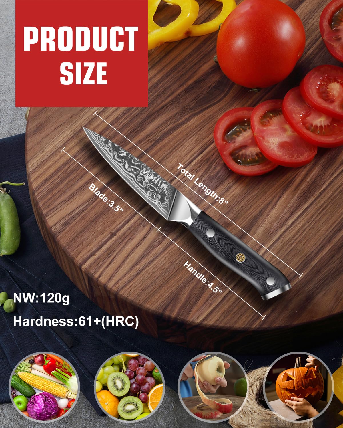 MOSFiATA Kitchen Knife ,Damascus paring Knife 3.5 inch Fruit Knife