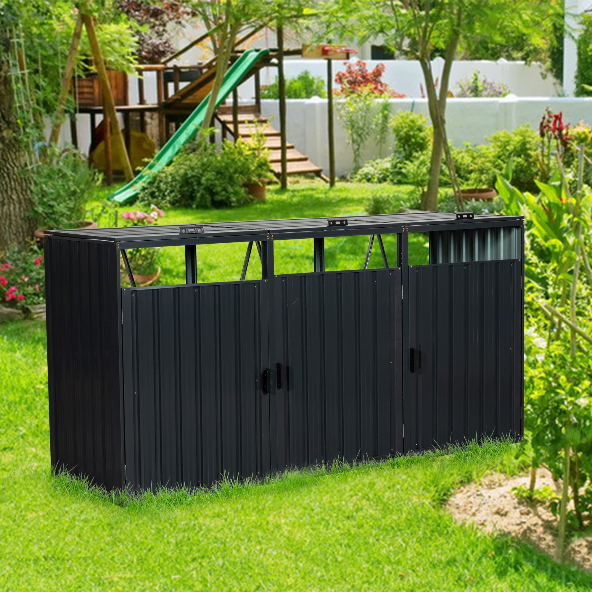 Outdoor Trash Can Storage, Storage Shed for Trash cans and Tools,Waterproof Garbage Bin shed,Metal Trash Can Storage Shed Outdoor for Garden Yard (Black-3 Doors)