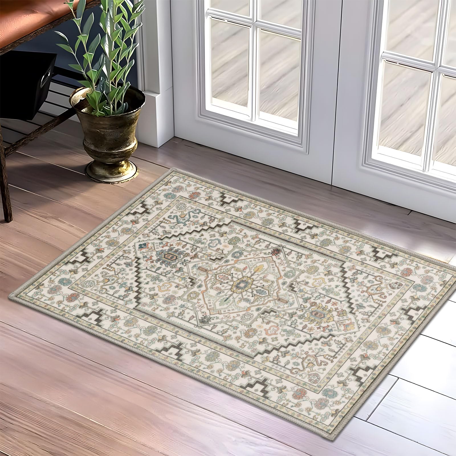 Rineflo-2'x3' Washable Indoor Doormat, Non-Slip Retro Door Mat ,Boho Mat Low-Pile Entryway Rug,Suitable for Bedroom, Study, Bathroom Entrance Carpet (Beige Green, 2'x3')