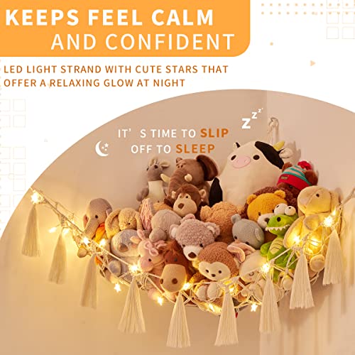 Mingtex Stuffed Animal Net or Hammock – Decorative Macrame Toy Hammocks for Kids Toys, Large Soft Net with LED Start Light String, Wall Hanging Hooks, and Wooden Photo Display Clips, Toy holder