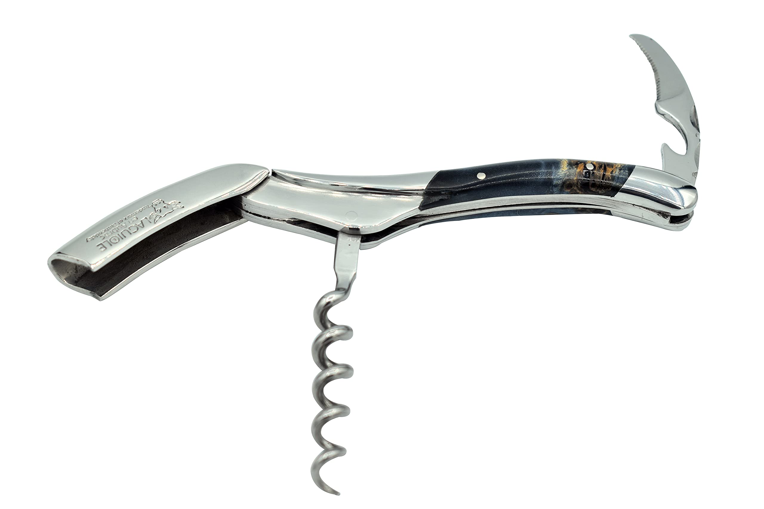 Laguiole En Aubrac Sommelier Waiter's Corkscrew, Stabilized Blue Poplar Burl Handle, Wine Opener With Foil Cutter & Bottle Opener, Polished Bolster