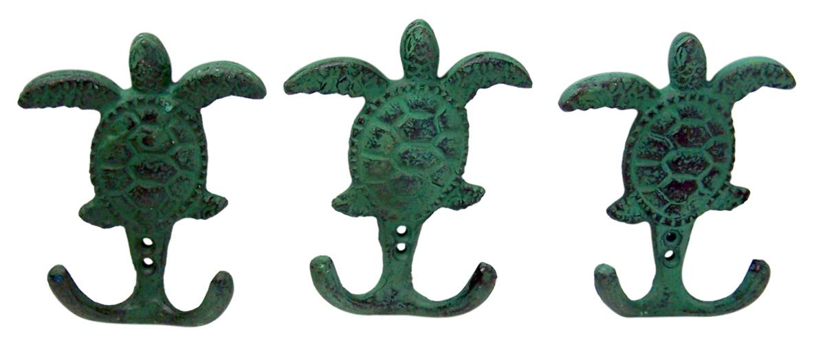 Wowser Green Turtle Cast Iron Wall Mount Coat Hooks, 4 Inch, Set of 3