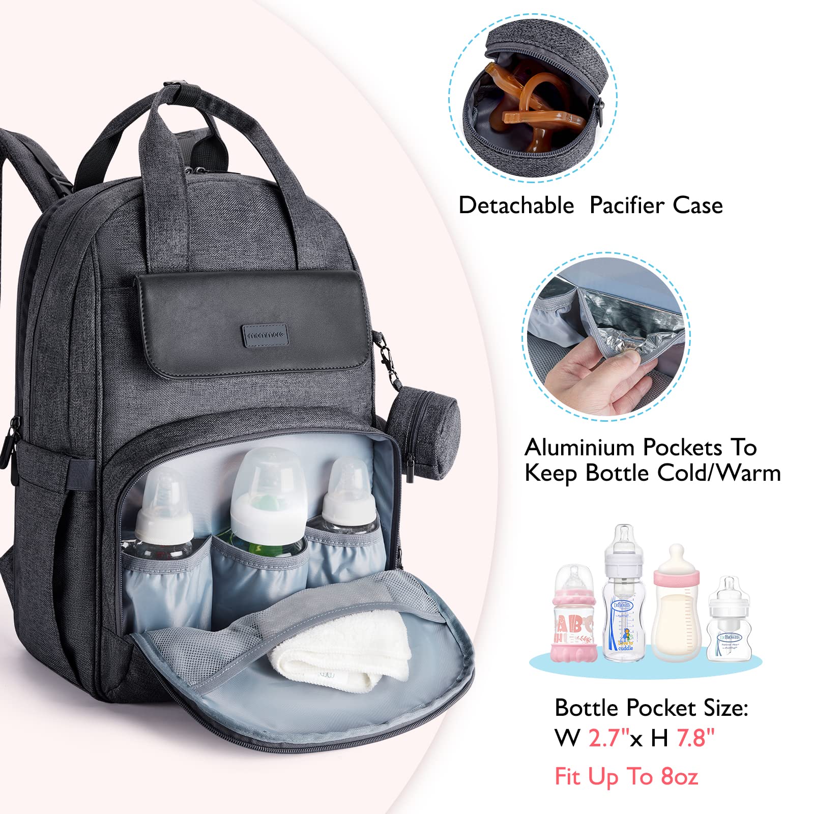 mommore Diaper Bag Backpack Large Travel Diaper Bags with Portable Changing Pad, Pacifier Case and Stroller Straps, Black