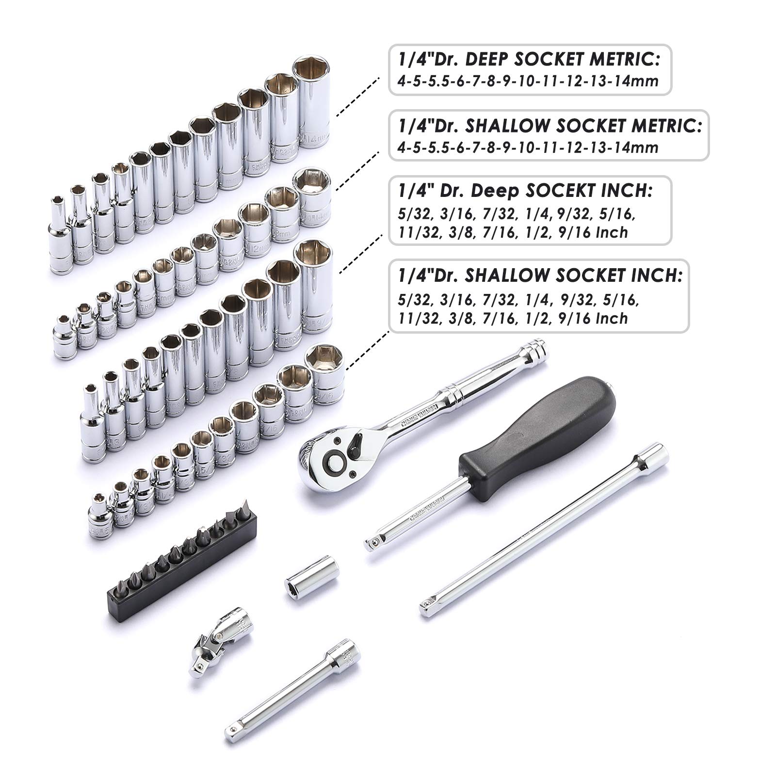 MIXPOWER 62-Piece 1/4-Inch Dr. Master Socket Set with Ratchets,Universal Joint, Extensions with 1/4'' Dr. Bits Set, SAE/Metric 6-Point 5/32-Inch - 9/16-Inch, 4 mm - 14 mm, CR-V Socket