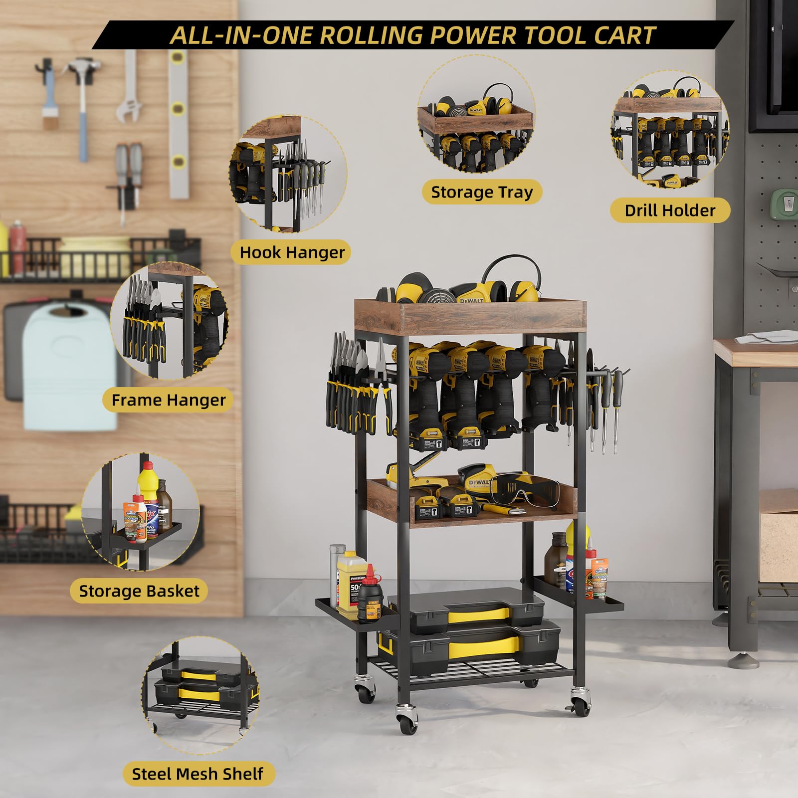 Power Tool Organizer Cart, Metal Rolling Tool Chest with Wheels, 4 Layer Garage Tool Storage Organization Shelving, Movable Drill Rack Tool Holder for Workbench, Workshop and Garage