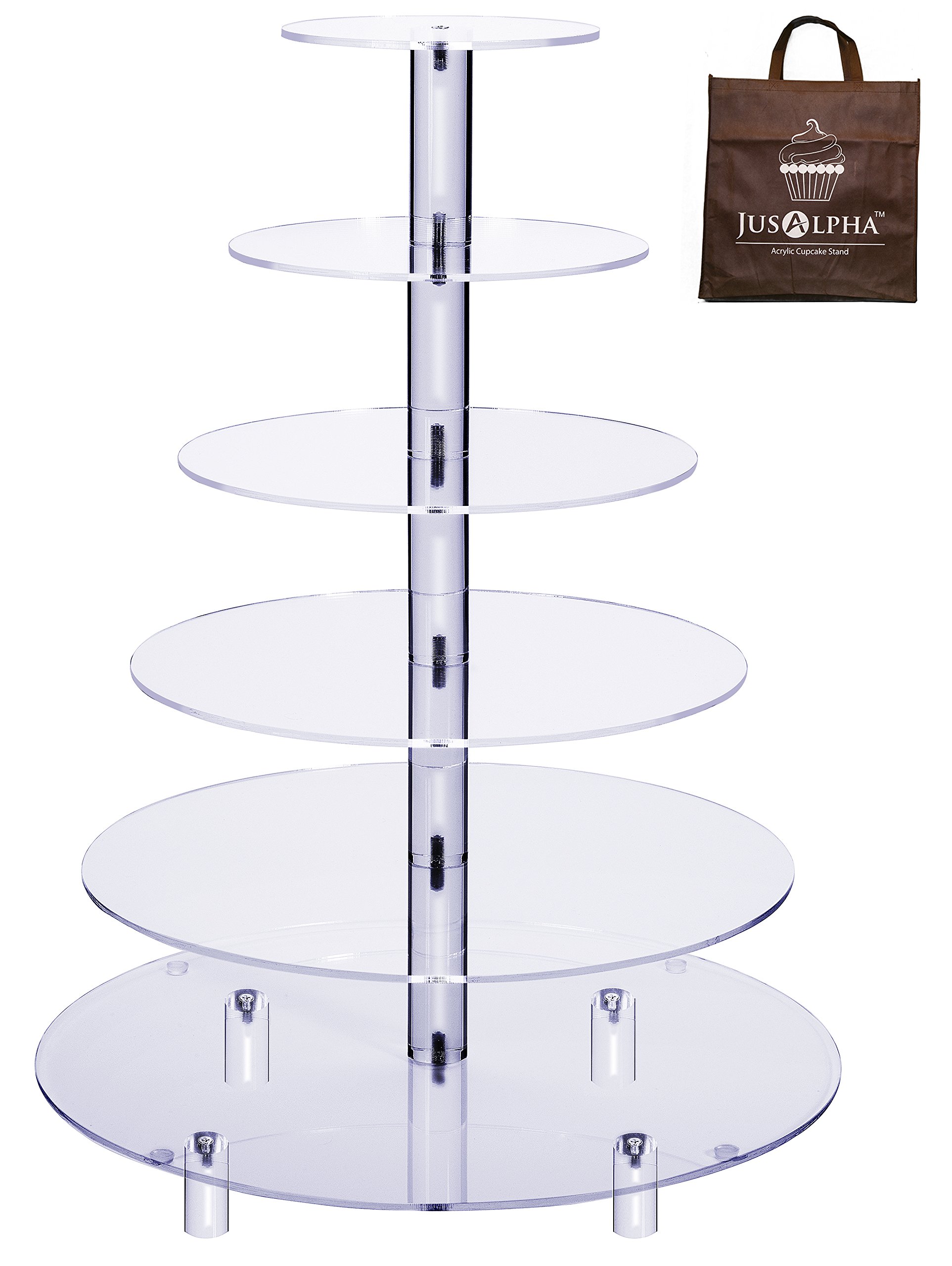JusalphaĀ® Large 6-Tier Acrylic Glass Round Wedding Cake Stand- Cupcake Stand Tower/Dessert Stand- Pastry Serving Platter- Food Display Stand (Large with Rod Feet) (6RF)