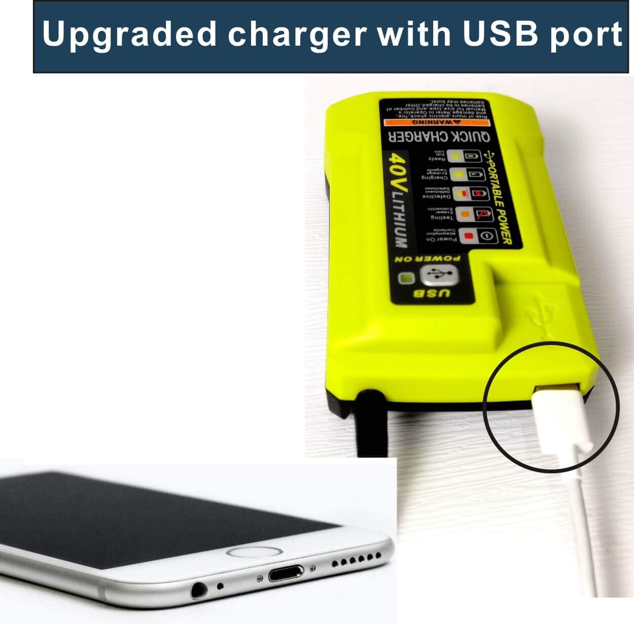 OP403 USB Port Battery Charger Replacement for Ryobi 40 Volt Battery Charger P401A OP403 OP403A OP404A OP400 OP401 OP400A OP406A, Compatible with Ryobi 40 Volt li-ion Battery OP40401 OP4040A OP1020A