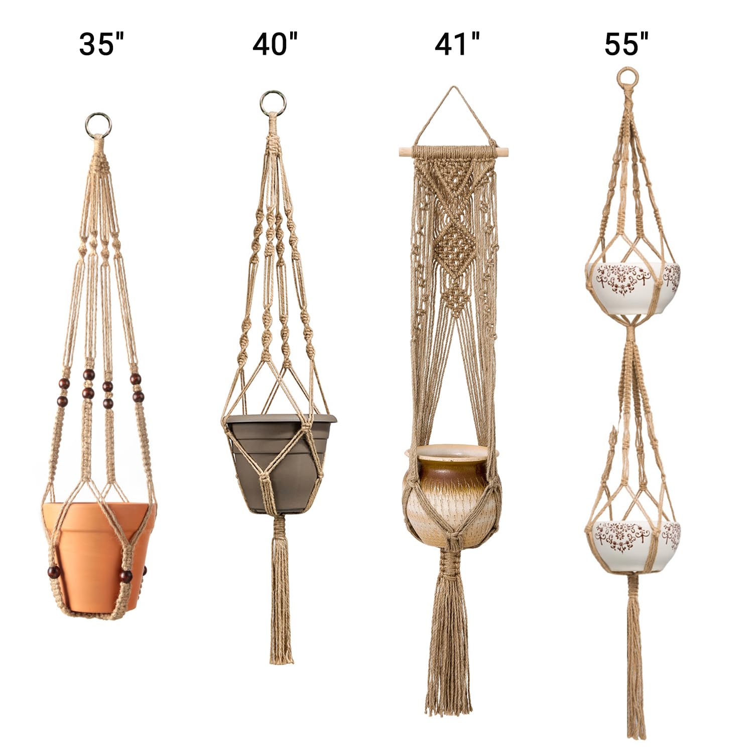 Mkono Macrame Plant Hangers 4 Pcs Indoor Outdoor Hanging Planter Basket Jute Rope Flower Pot Holder Boho Hippie Style