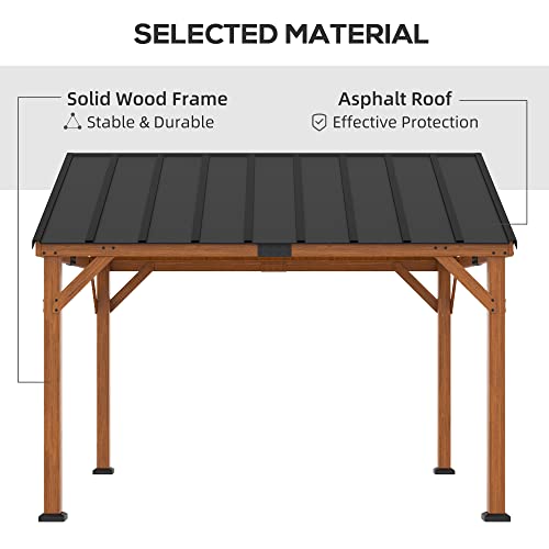 Outsunny 11' x 12' Hardtop Gazebo with Wooden Frame and Waterproof Asphalt Roof, Permanent Pavilion Gazebo Canopy, for Garden, Patio, Backyard, Deck, Porch, Brown