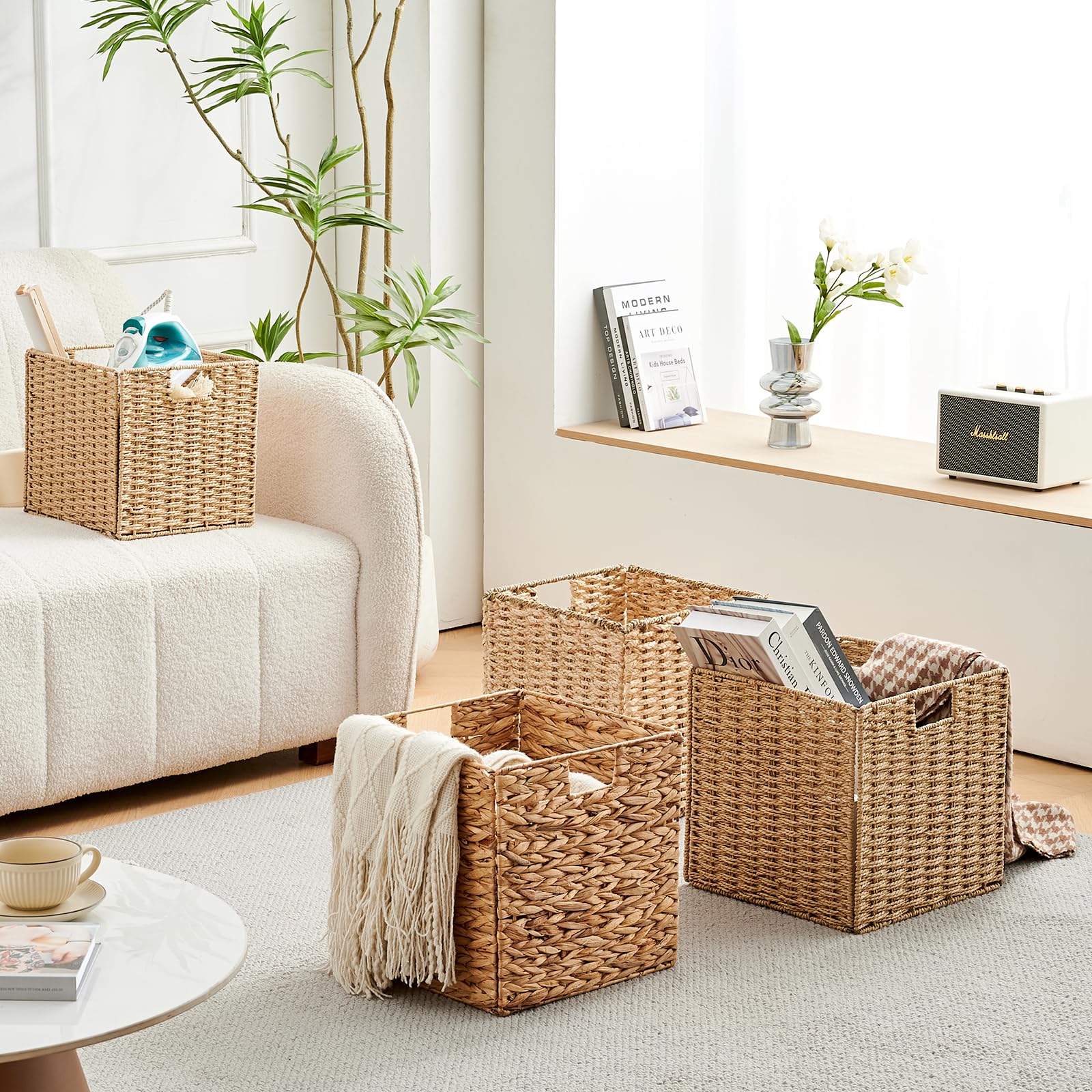 LGENHOOM Handwoven Seagrass Storage Baskets Foldable Wicker Storage Cubes 11x11in Hyacinth Baskets Rustic Set Of 2 Multipurpose Collapsible Storage Organizer for Bedroom Living Room Shelves