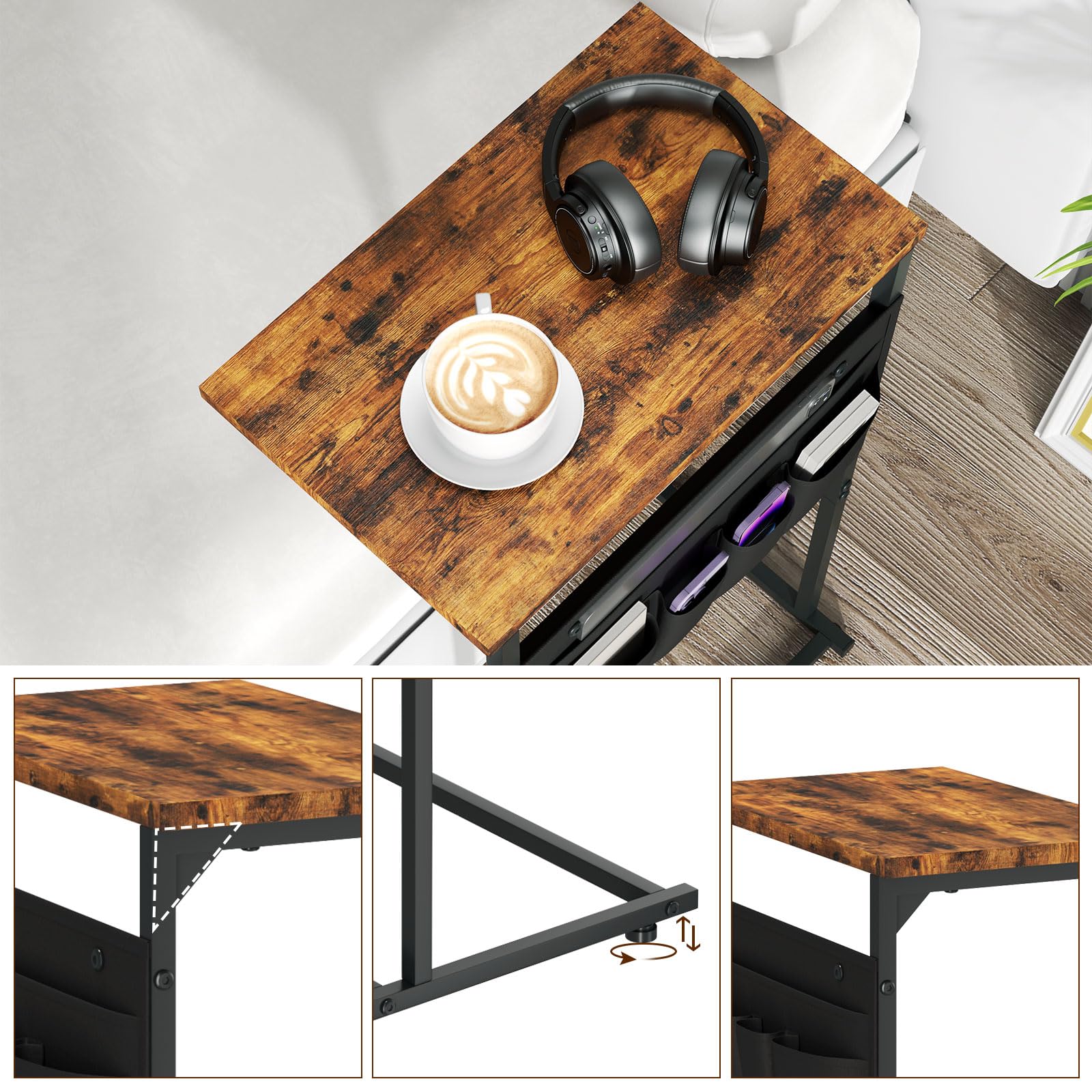 ZERDER C Shaped End Table, Small Side Table with Storage Bag for Couch, Sofa Table with Metal Frame for Living Room and Bedroom Bedside, Rustic Brown ZER-007Br
