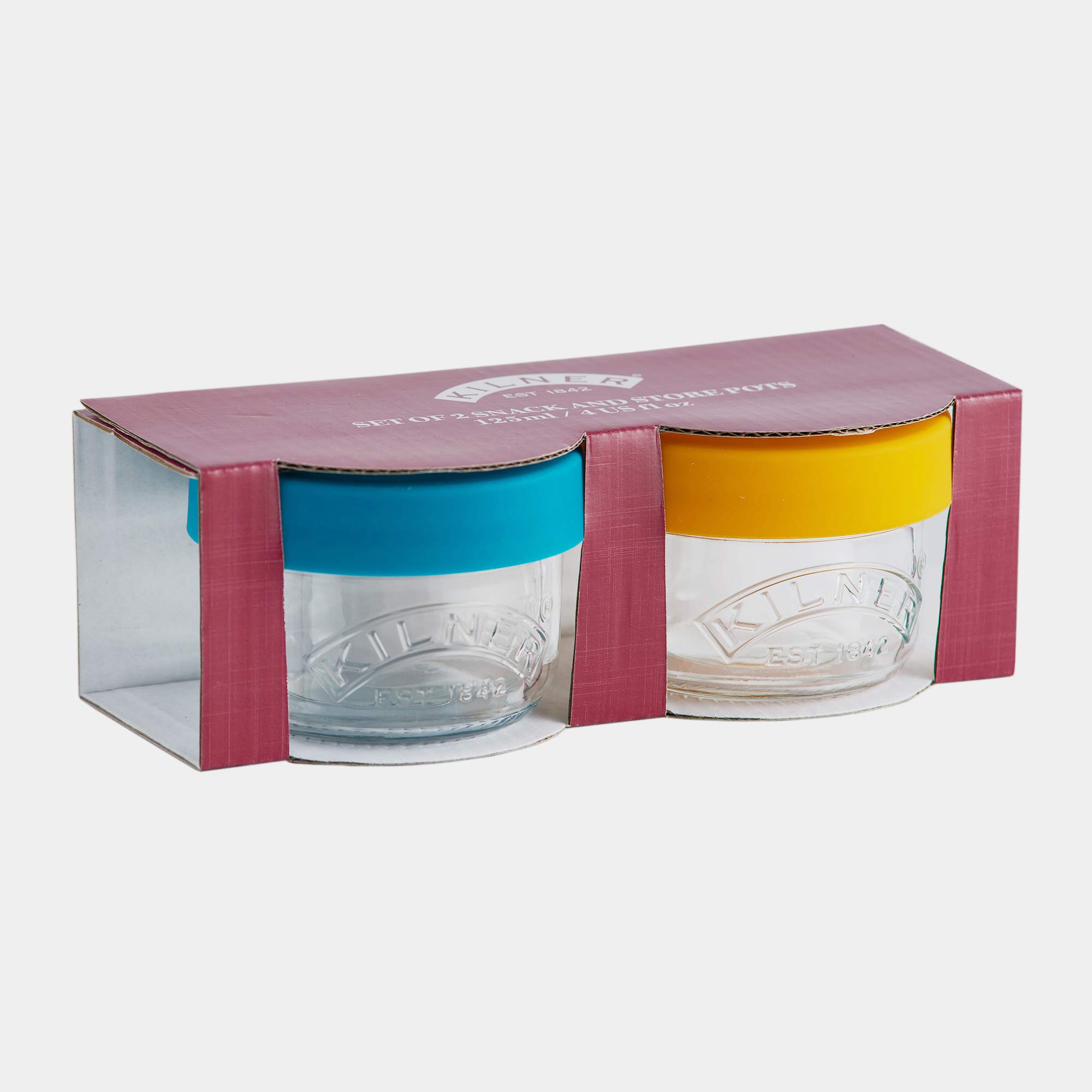 Kilner 0.125L Set of 2 Glass Store Pots 125ml with Push Top Silicone Lids | Perfect for Snacks & Food Storage, Clear, Blue and Yellow