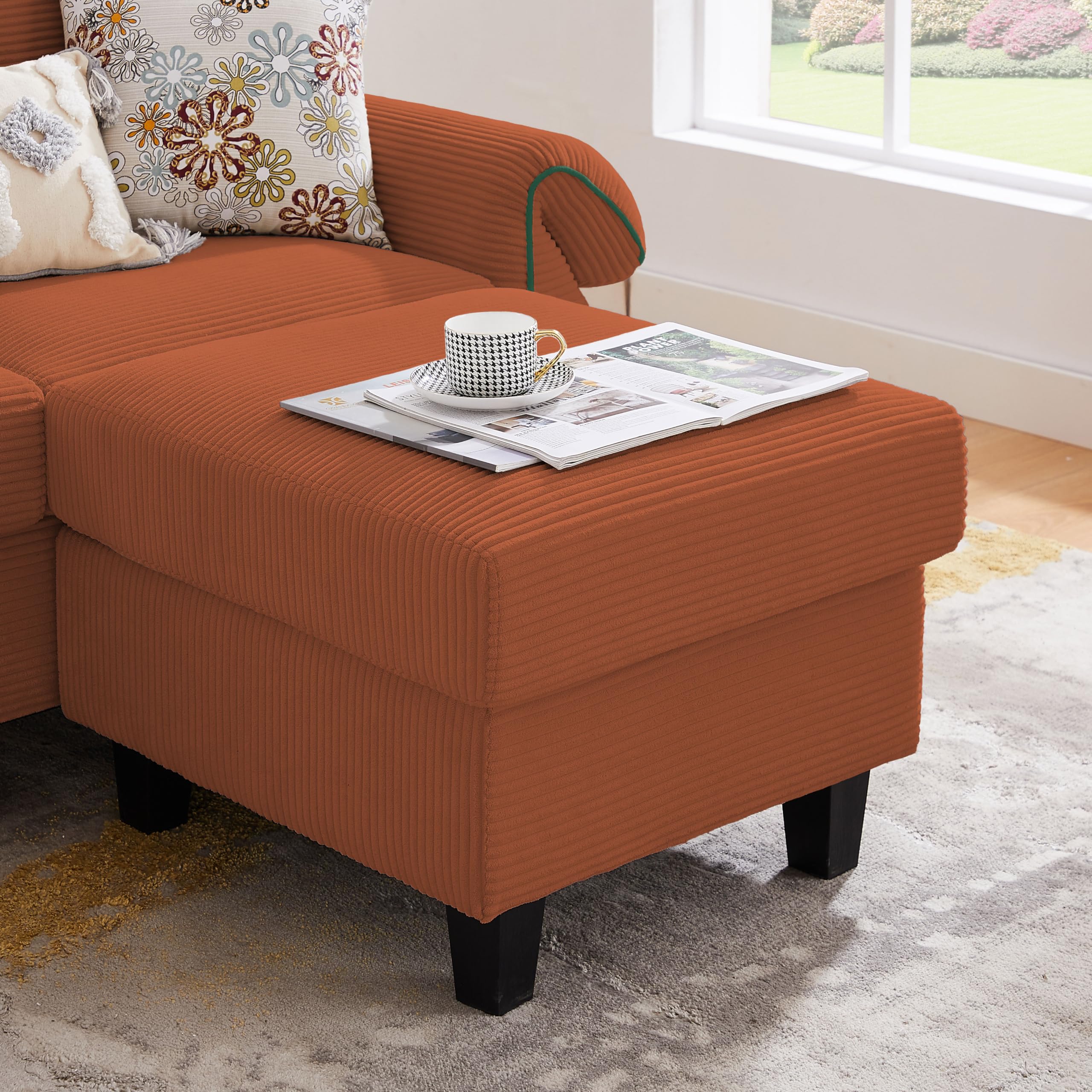 Pingliang Home 112" Sectional Sofa Couch, 4 Seat L Shaped Couch with Reversible Ottoman and Wooden Legs, Modern Polyester Fabric Couches for Living Room Apartment Office, Orange