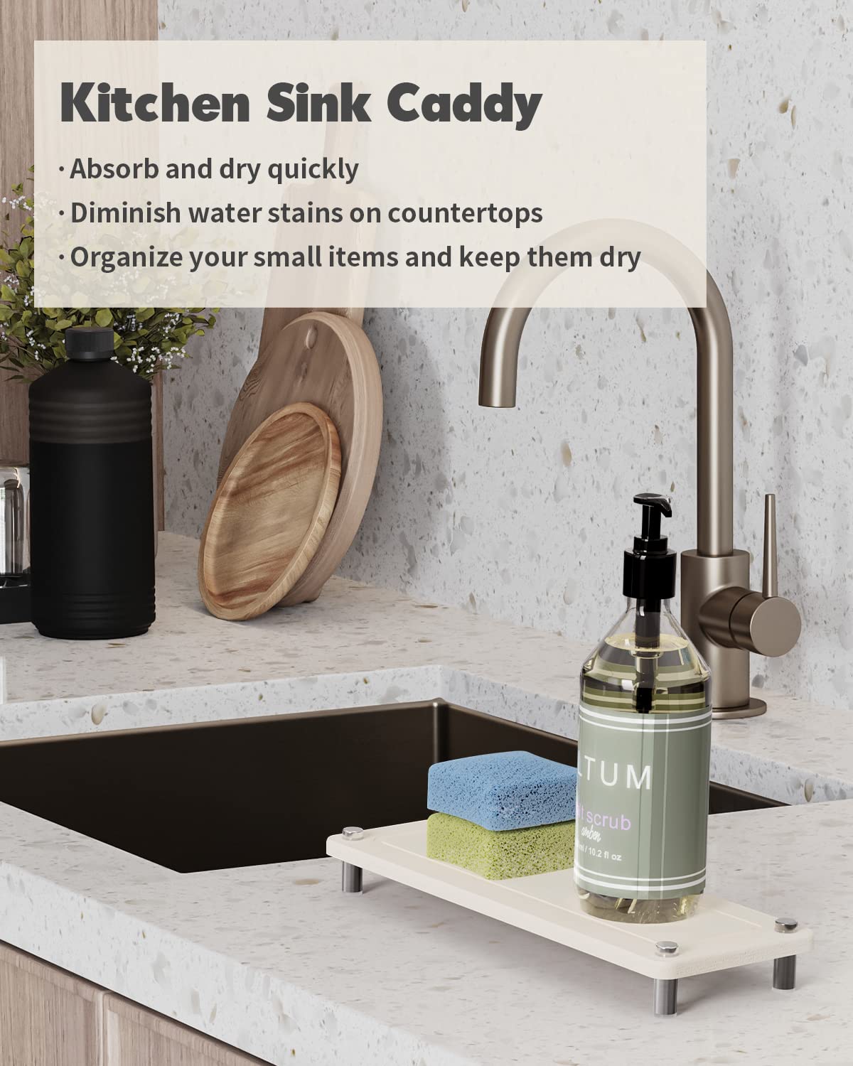 Johamoo Fast Drying Stone Sink Tray, Bathroom Instant Dry Sink Organizer, Diatomaceous Earth Water Absorbing Stone Tray for Kitchen Counter, White
