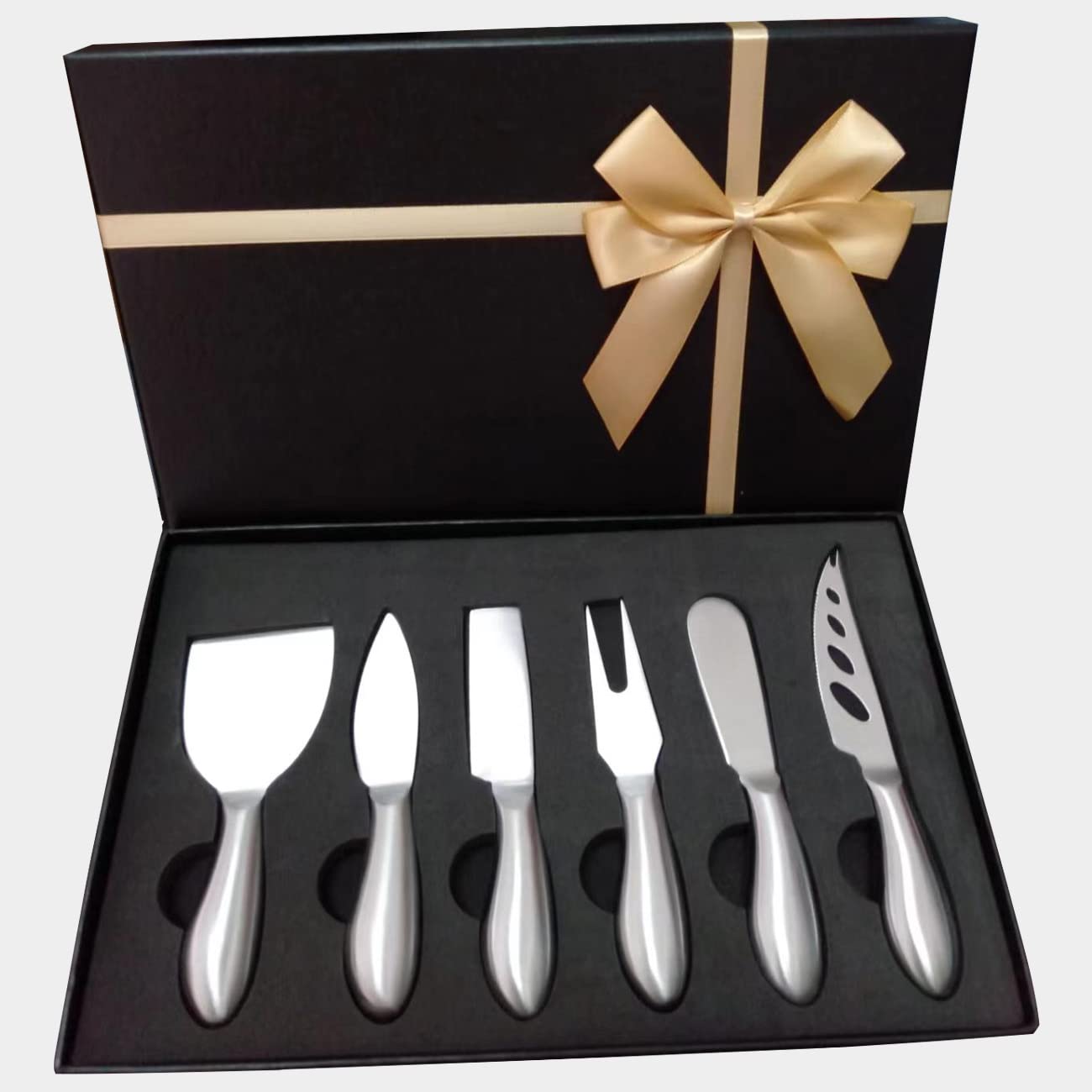 LGUIY Cheese Knives, 6-Piece Cheese Knife Set Stainless Steel Cheese Knife with Exquisite Box Cheese Slicer Cutters Fork for Pizza Cake Cheese Butter - Gift Ready