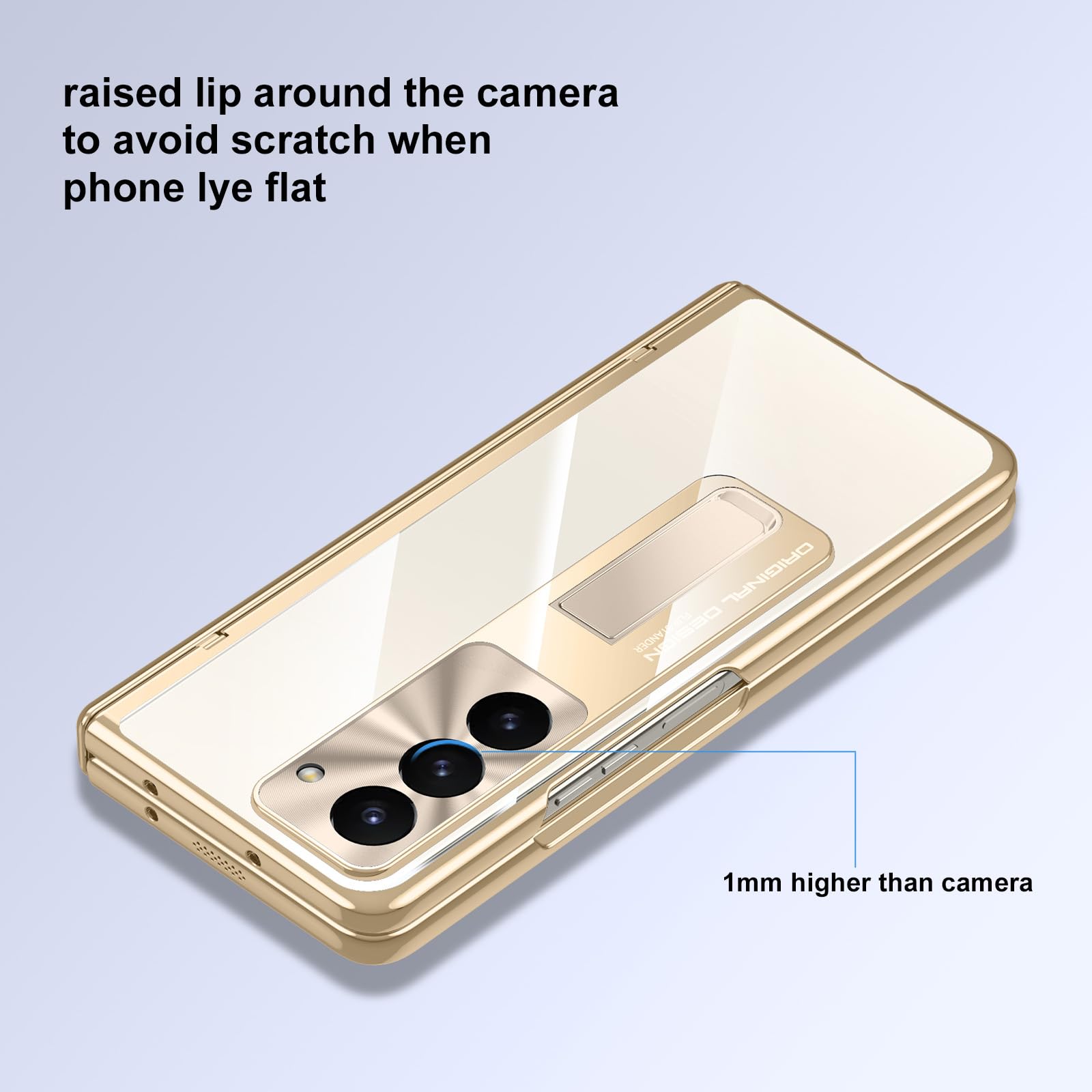 Libeagle Compatible with Samsung Galaxy Z Fold 5 Case, Non-Yellow Clear Back, Electroplated Frame, Full Hinge Protection, Screen Protector, Magnetic Stand, Thin and Slim Phone Cover 5G 2023, Gold