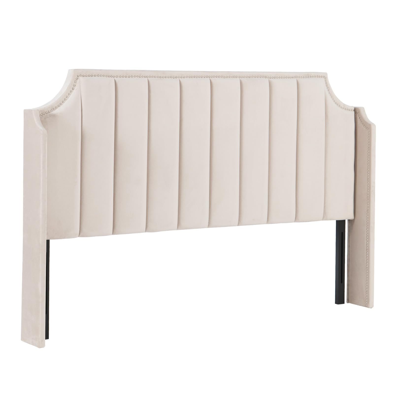 Lucky Monet Mid Century Headboard with Wingback for Queen Size Bed, Velvet Upholstered Tufted Bed Headboard with Nailhead Decor, Adjustable Height Curved Head Board Vertical Channel Design (Beige)