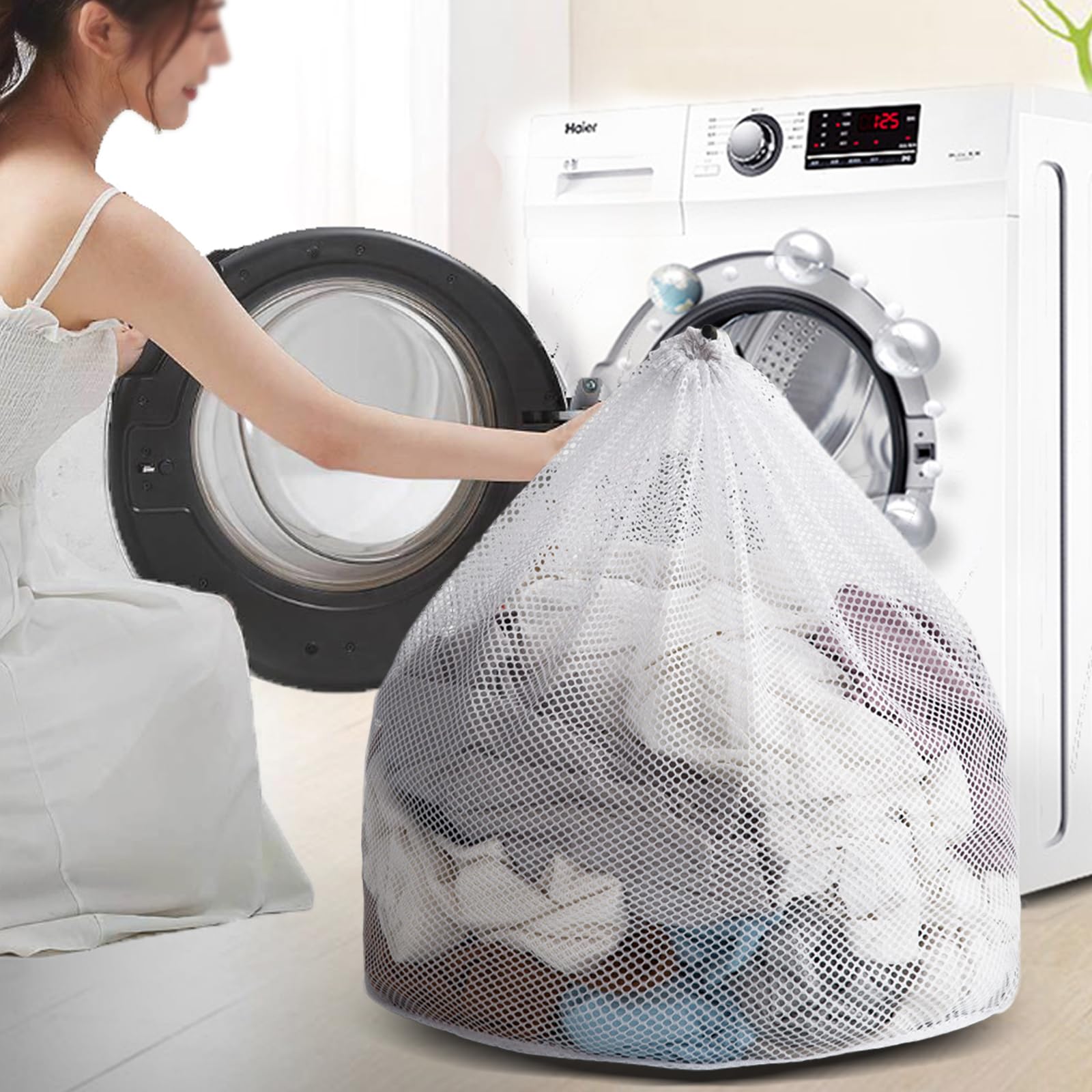Mesh Laundry Bags Washing Machine Mesh Wash Bags Jumbo for Delicates Clothes, Reusable Mesh Laundry Bag For Washing Machine Drawstring Thickened Washer Bag
