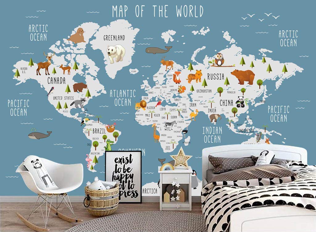 Murwall Kids Wallpaper Blue World Map Wall Mural Cartoon Animal Wall Print Nursery Wall Decor Childroom Play Room Bedroom