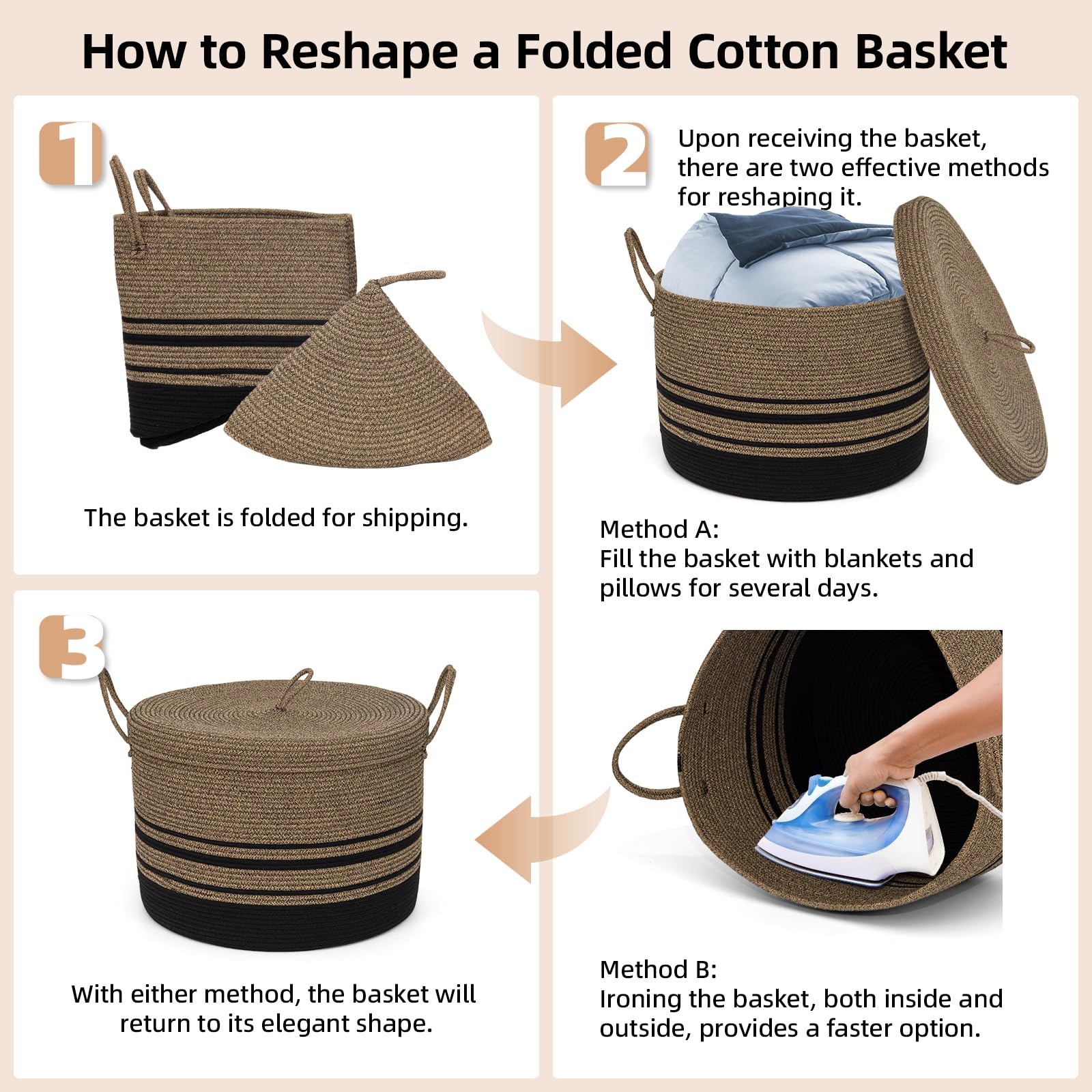 ORGMASTER Laundry Basket with Lid, Woven Cotton Rope Laundry Hamper Foldable Storage Organizer Bin Blanket Basket for Comforter, Cushions, Clothes, Pillows, 20.5x20.5x15 Inch, Deep Brown/Black