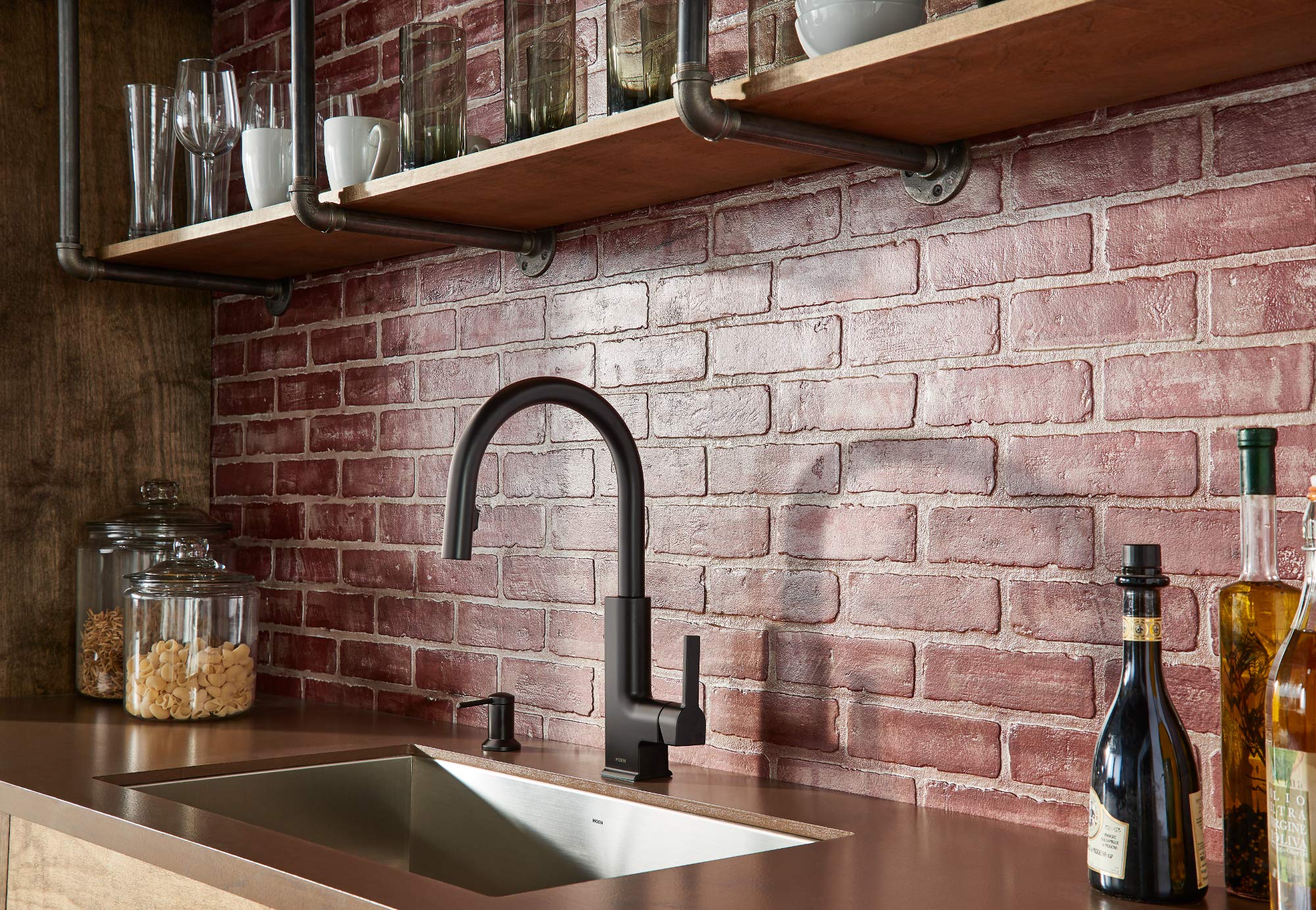 Moen 7864BL Sleek One-Handle High Arc Pulldown Kitchen Faucet Featuring Reflex (7864BL), Matte Black with Kitchen Soap and Lotion Dispenser