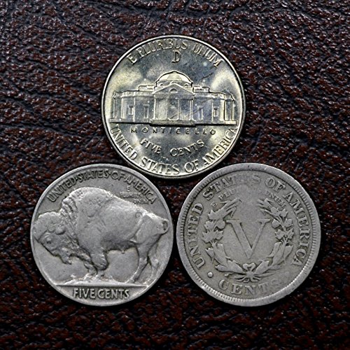 Old U.S. Nickels 3 Coin Collection Set - Liberty Head Nickel, Buffalo Nickel, Jefferson Silver War Nickel