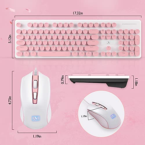 LexonElec Wired USB Keyboard Mouse Combo Gamer N518 104 Keys White LED Backlit Punk Keycap Ergonomic Pro Gaming Keypad + 1600DPI 4 Buttons Optical Game Mice for Laptop PC (Pink & White Light)