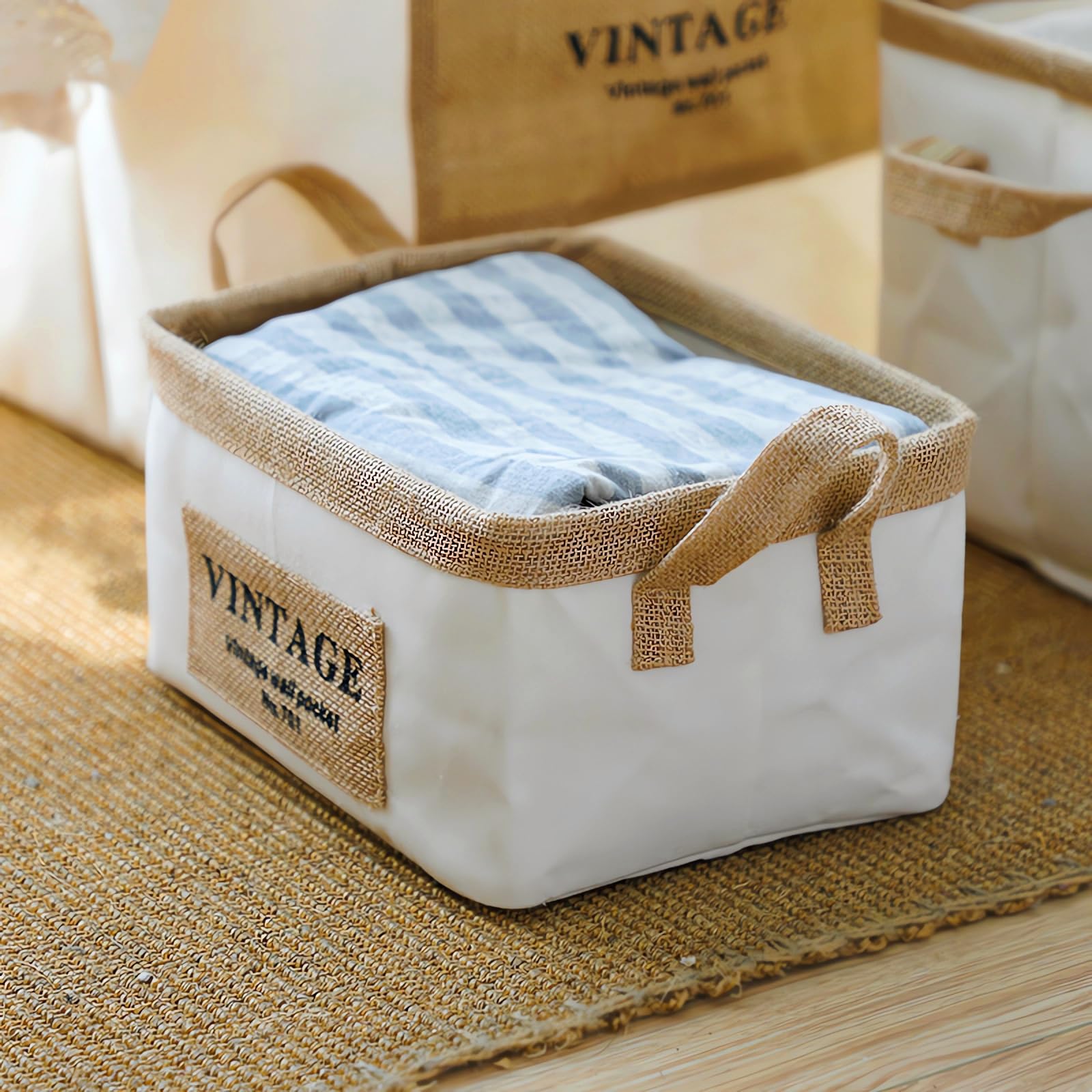LUFOFOX 3-Pack Storage Baskets for Organizing,Jute Woven Handles Baskets Decorative Small Baskets,Fabric Baskets for Shelf Closet,White,10.6"*8.7"*6.3" (Small)