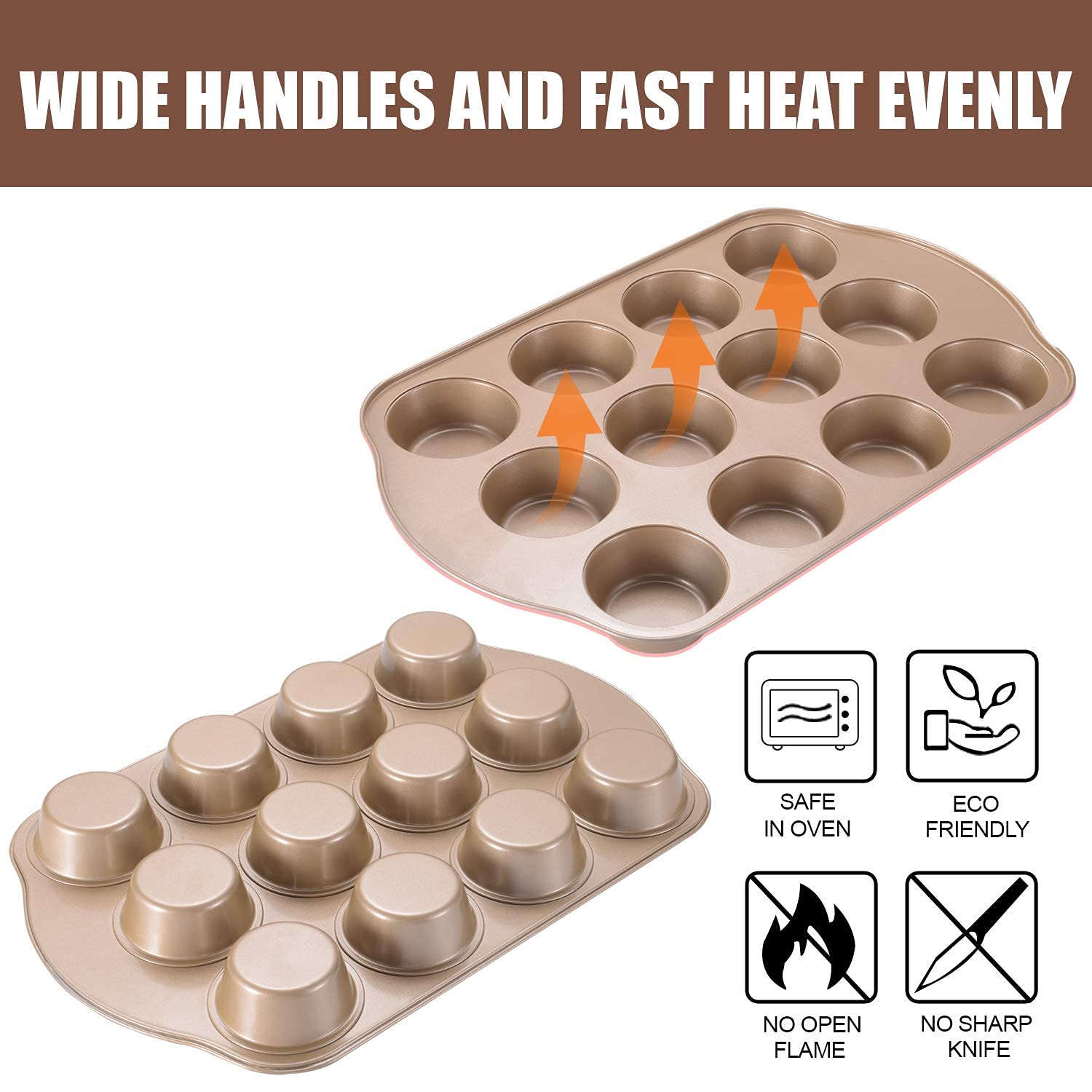 Joho Baking Nonstick Muffin Pan, Mini Cupcake Pan Set, Muffin Tins for Baking, 2 Pack, 12-Cup and 24-Cup, Gold