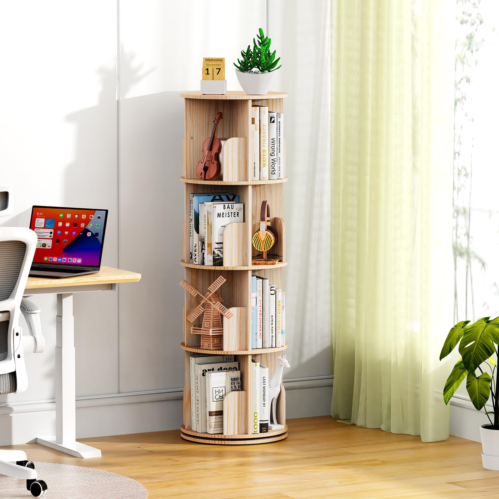 Moozerka Rotating Bookshelf, 4 Tier 360 Display Solid Wood Spinning Bookcase Storage Rack, Floor Standing Revolving Book Shelf Organizer for Adults&Kids