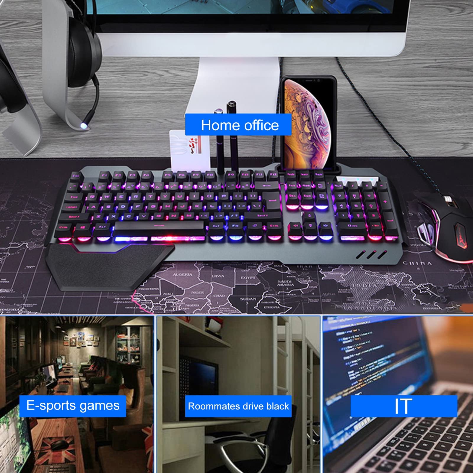 Lopeceal Mechanical Gaming Keyboard Wired Keyboard Ergonomic RGB 104 Keys Quick Response Rainbow LED Backlit USB Interface Anti-Ghosting for PC Desktop Black