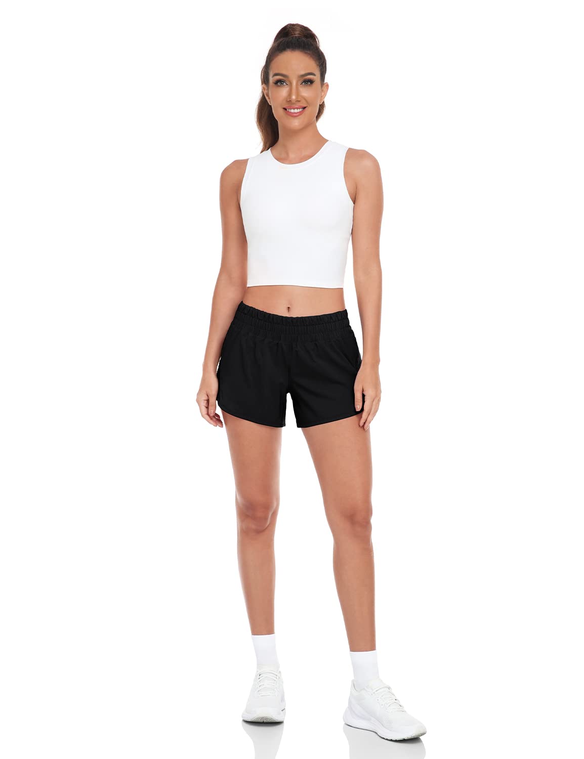 HeyNuts Stride Running Shorts for Women, Mid Waisted Athletic Shorts with Side Pocket Workout Shorts with Liner 4'' Black M(8/10)