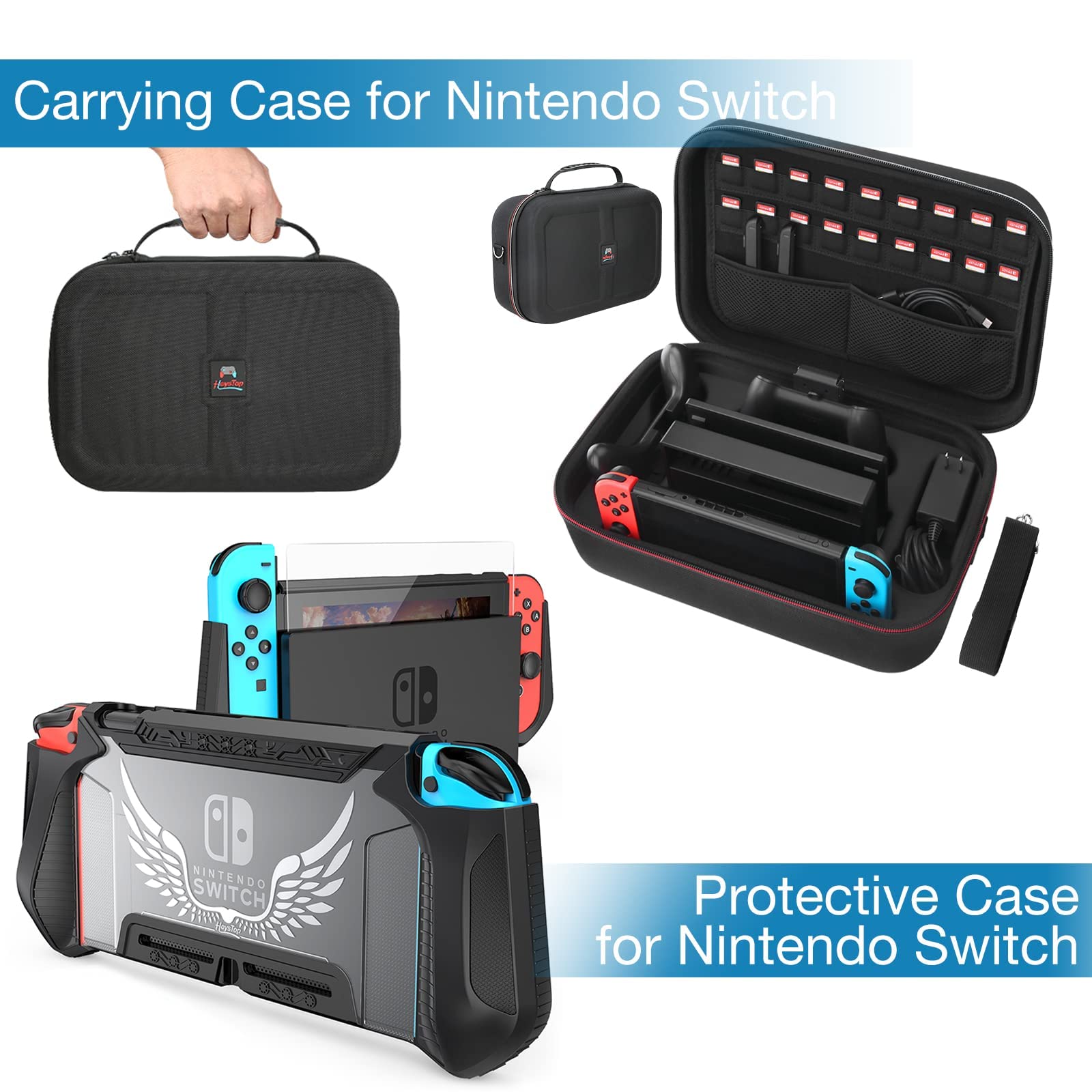 HEYSTOP Switch Accessories Bundle 28 in 1 for Nintendo Switch, Gift Kit with Carrying Case, JoyCon Charging Dock, Grip, Game Steering Wheel, Protective Case Protector, Screen Protector, Caps, Black