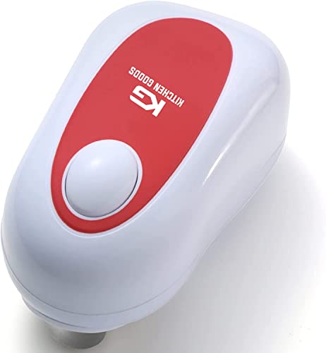 Kitchen Goods Electric Can Opener - One Touch Push of a Button, No Sharp Edge, Food Safe, Cordless Battery Operated, Portable Handheld and Easy to Operate for Adults & Seniors - White & Red