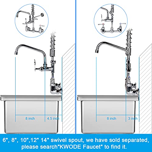 KWODE Wall Mount Commercial Sink Faucet with Pull Down Sprayer 8 Inch Center Pre-Rinse Kitchen Faucet with 21โ Height and 8โ Add-on Swivel Spout, Brass Constructed, Chrome Finish