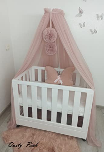 Soft canopy for nursery with holder and pompoms, Kids hanging tent for bedroom, Bed canopy, crib canopy, baby room decor, Nook baldachin (Dusty Pink)