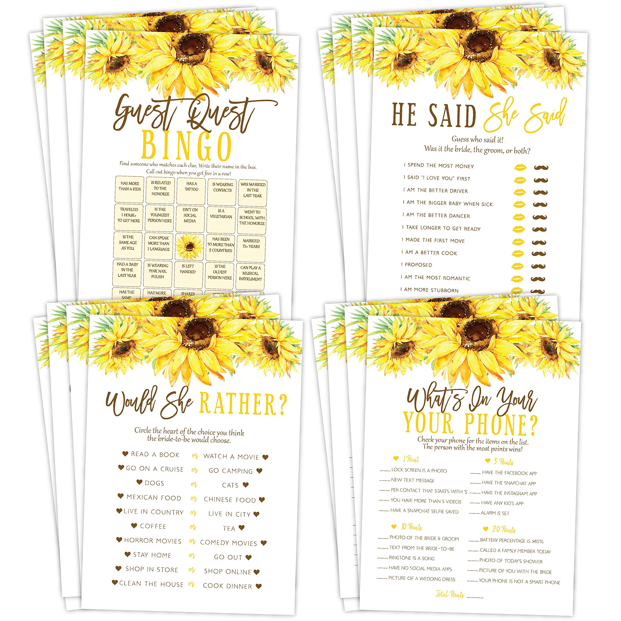 Your Main Event Prints Sunflower Bridal Shower Bachelorette Games - He Said She Said, Find The Guest Quest, Would She Rather, Phone Game - 25 Games Each, Printed Front and Back, 1 Game Per Side