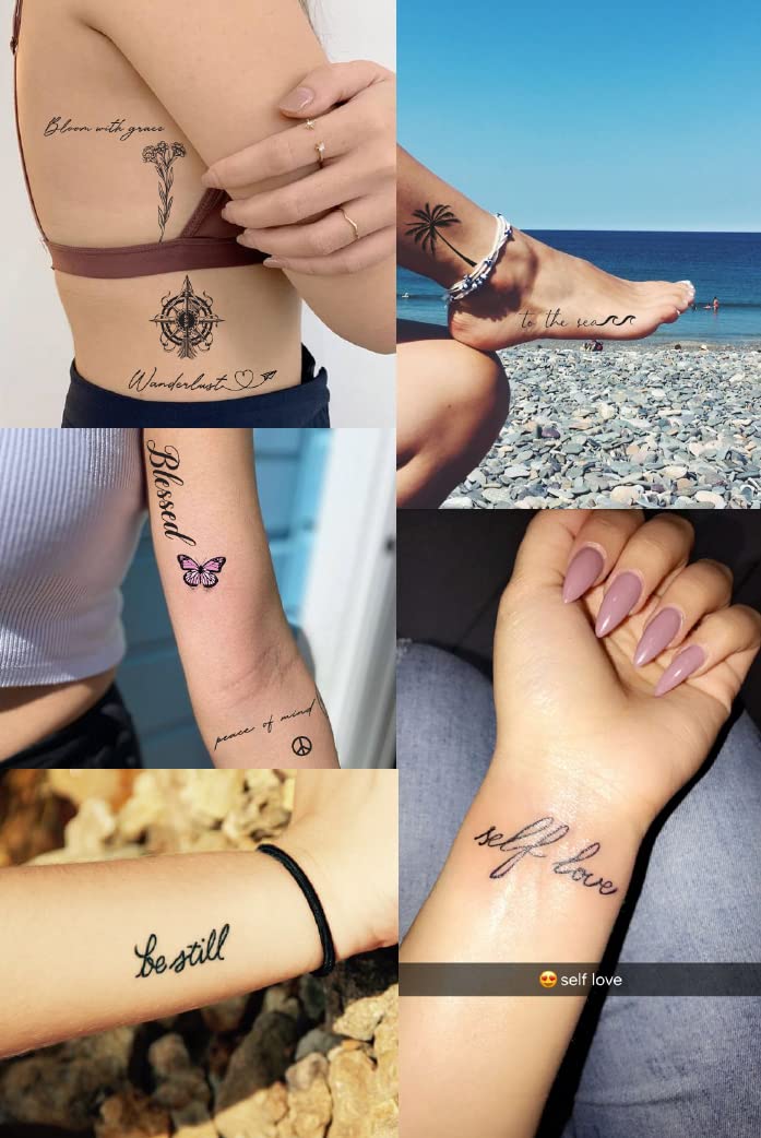 IMPRESSED Realistic Temporary Tattoos β 42 Custom Sheets Tiny Fake Self Care Tattoo β Inspirational Minimalist Affirmation Words and Motivational Quote Permanent Tats for Adult Teens Women Face Body