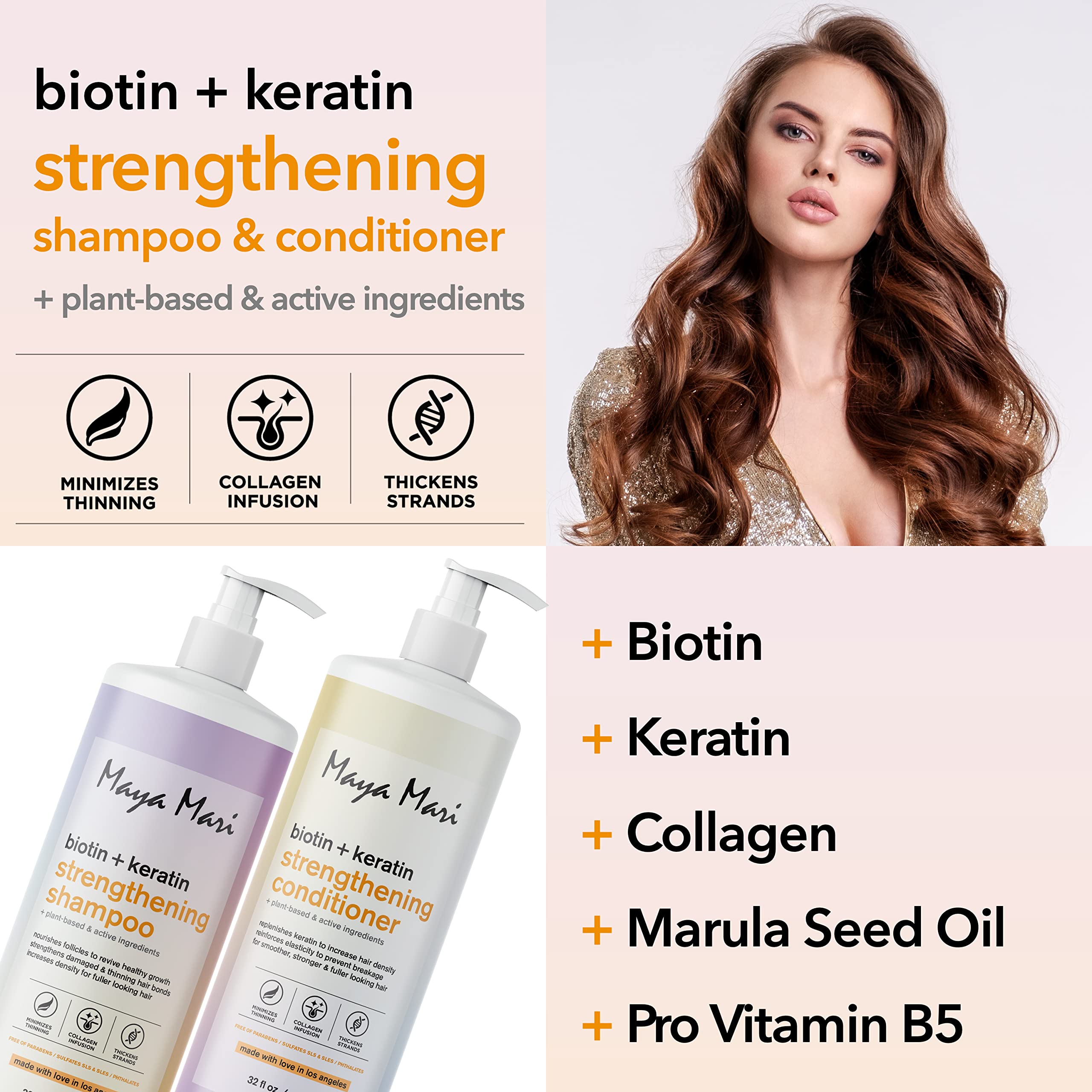Maya Mari Biotin Keratin Strengthening Shampoo & Conditioner Set Sulfate Free Thickening for Thinning Hair, 32 fl oz ea